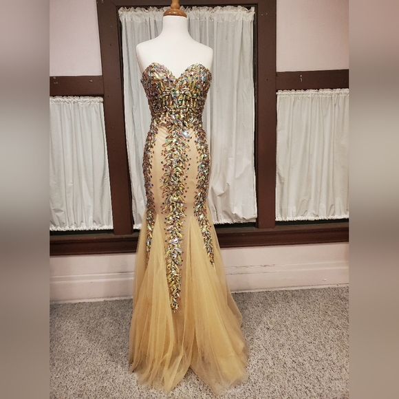 Angela & Alison | Dresses | Champagne Mermaid Gown With Large Gems ...